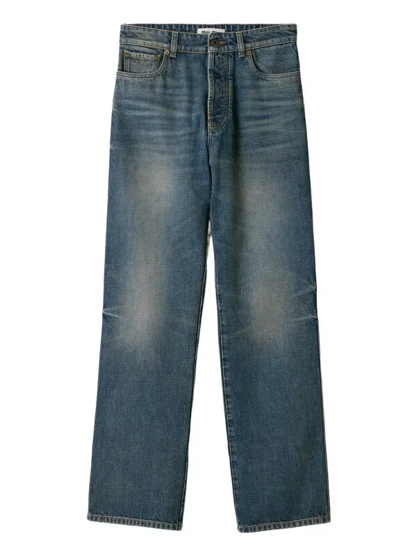Miu Miu Straight Fit Sandblasted Denim Jeans With Embroidered Logo - Navy