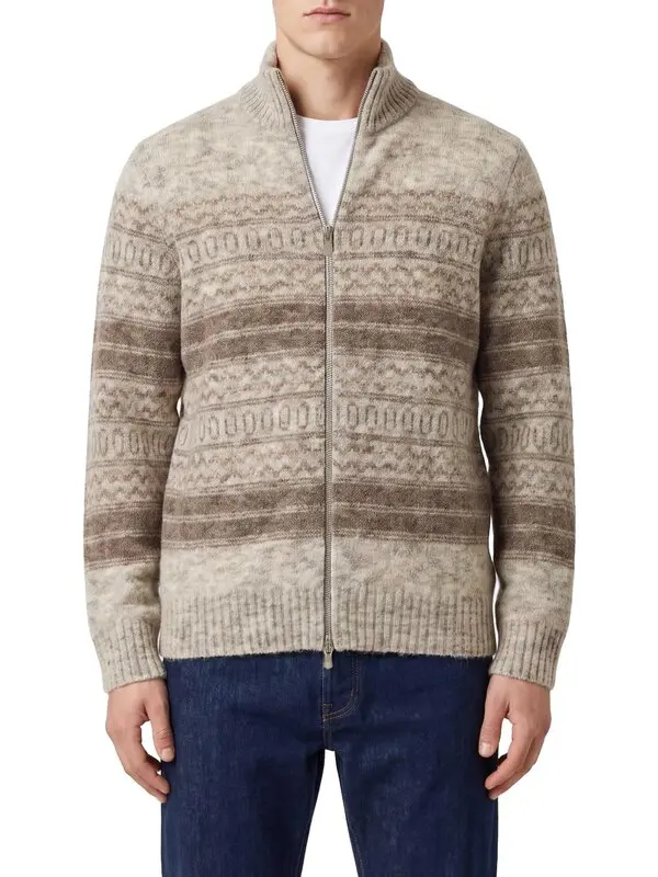 Brunello Cucinelli Striped Roll Neck Zip Cardigan - Beige