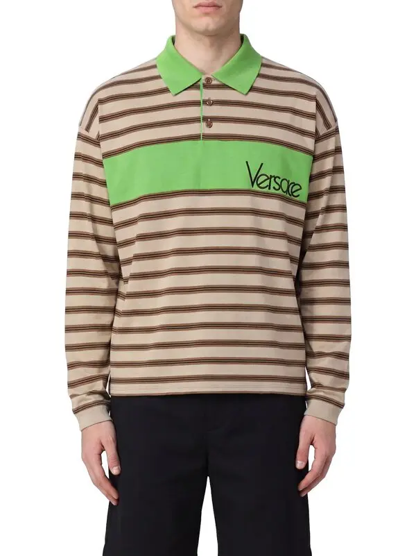 Versace Striped Long-sleeve Polo In Cotton With Ribbed Collar - Multicolor