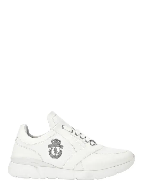 BILLIONAIRE Crest Runner Sneakers In Smooth And Grained Leather With Metallic Logo - White