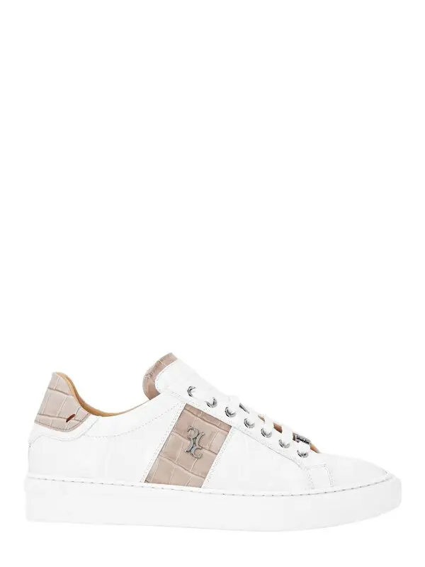 BILLIONAIRE Croc-effect Leather Low-top Trainers With Metallic Logo - White 1