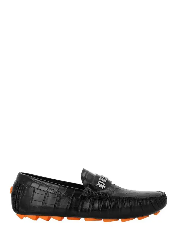 Philipp Plein Leather Driver Loafers With Crocodile Effect And Metal Logo - Black