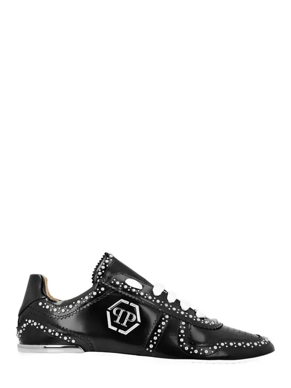 Philipp Plein Brushed Leather Low-top Sneakers With Embroidered Monogram - Black