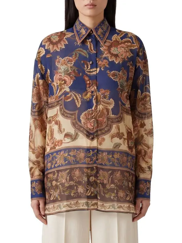 Zimmermann Aster Relaxed Fit Silk Shirt With Ethnic Print - Blue