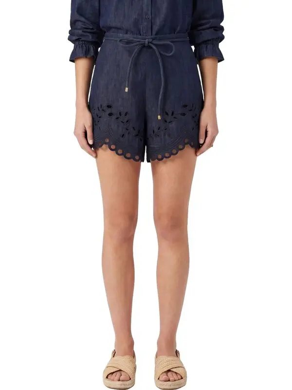Zimmermann High-waisted Cotton Denim Shorts With Lace Inserts - Blue