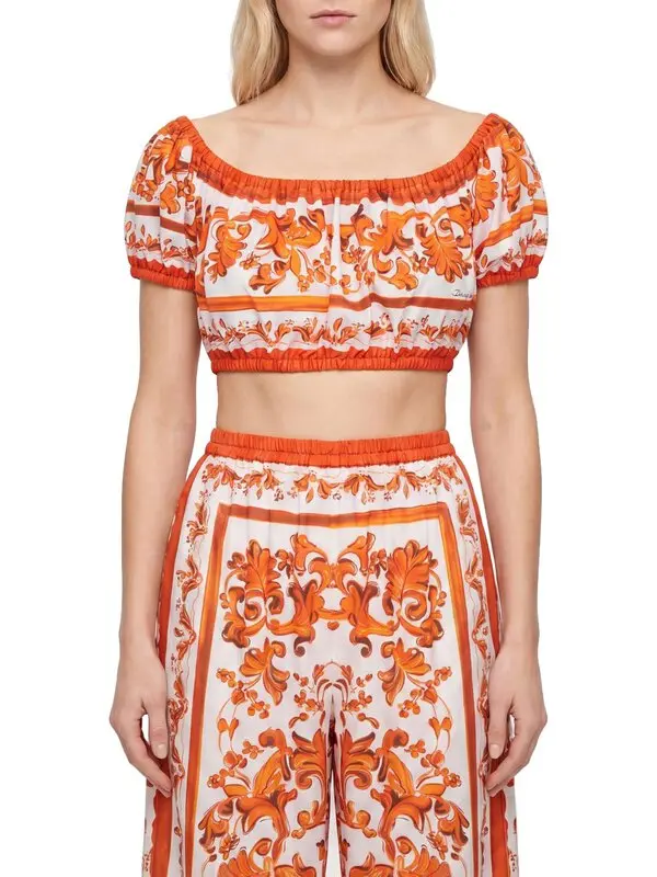 Dolce & Gabbana Cropped Top With Maioliche Print And Boat Neck - Multicolor