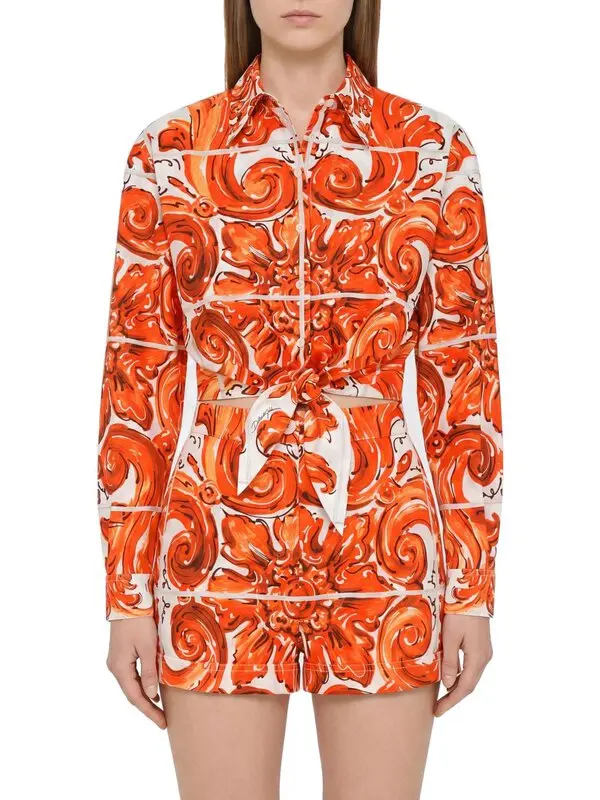 Dolce & Gabbana Cropped Cotton Shirt With Maioliche Print And Front Tie - Multicolor