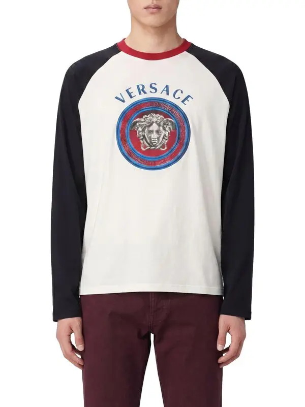 Versace Long-sleeved Cotton T-shirt With Medusa Logo And Contrast Trims - White