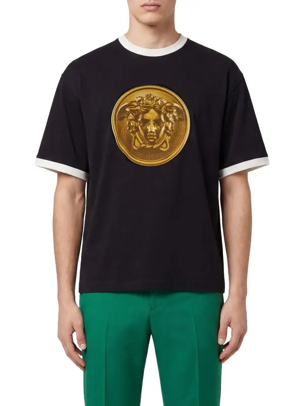 Versace Cotton T-shirt With Medusa Logo And Dropped Shoulders - Black