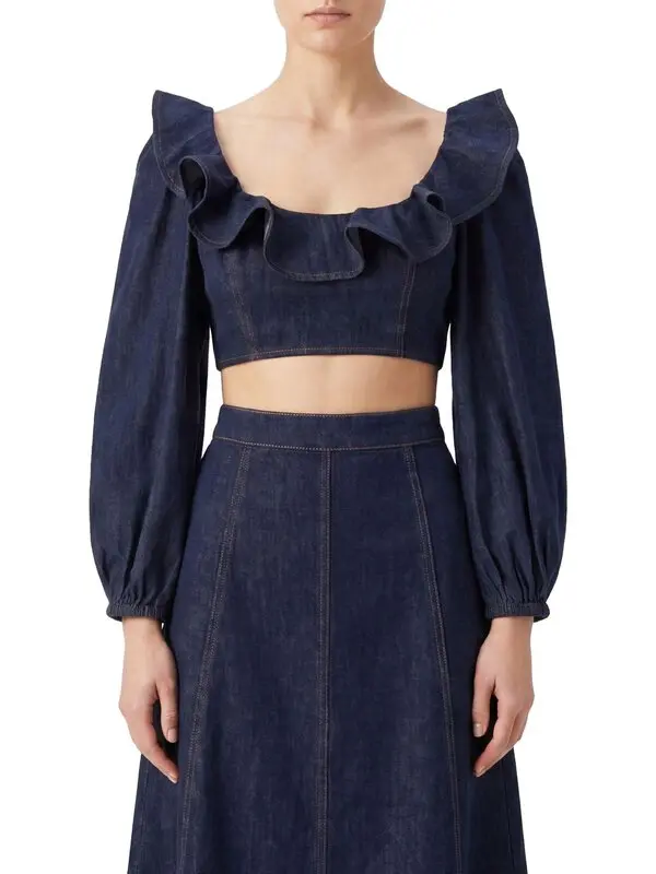 Zimmermann Cropped Long-sleeve Denim Top With Ruffle Detail - Blue