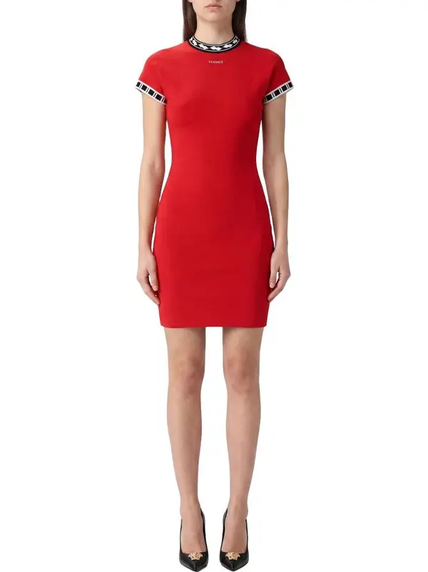 Versace Slim Fit Sheath Mini Dress In Cotton With Contrast Trims - Red