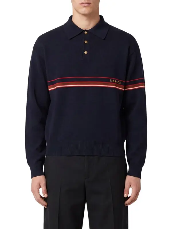 Versace Long-sleeved Knitted Cotton Polo Shirt With Contrast Logo - Blue