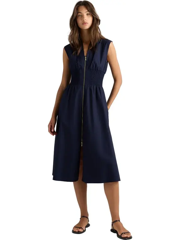 Quince Poplin Zip-front Midi Dress - Navy