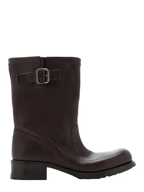 Prada Leather Mid-calf Boots With Buckle Detail - Brown