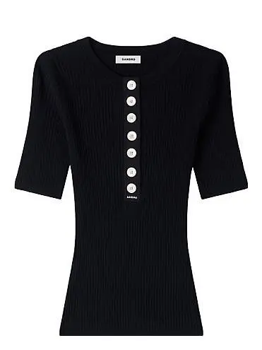 Sandro Ribbed Jumper With Button Placket - Black