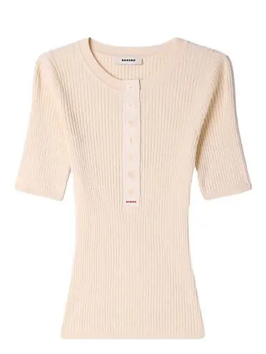 Sandro Ribbed Jumper With Button Placket - Ecru