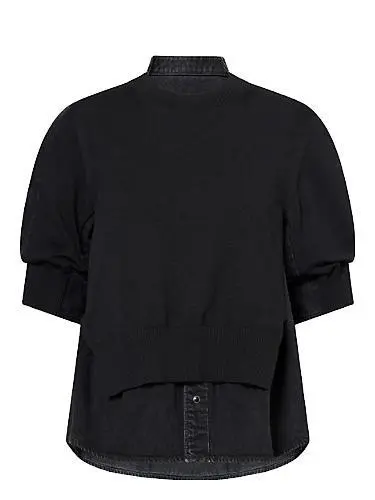 Sacai Short-sleeve Layered Cotton-knit And Denim Top - Black