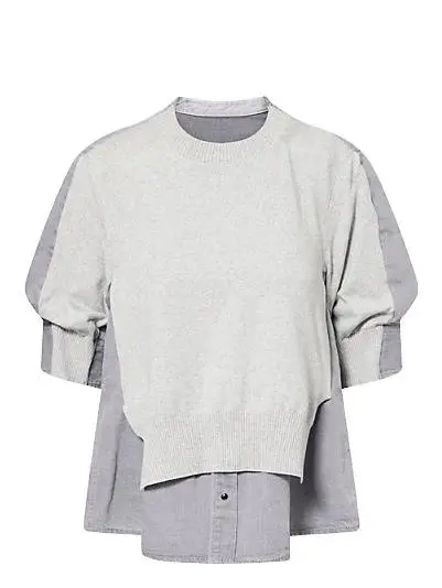 Sacai Short-sleeve Layered Cotton-knit And Denim Top - Gray