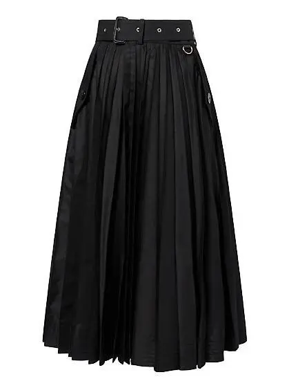 Sacai Belted Pleated Cotton-garbadine Midi Skirt - Black