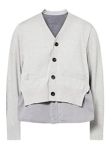 Sacai Contrast Panelled Denim And Cotton-knit Cardigan - Gray