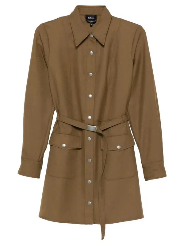 A.p.c. Belted Wool-blend Shirt Dress - Verde