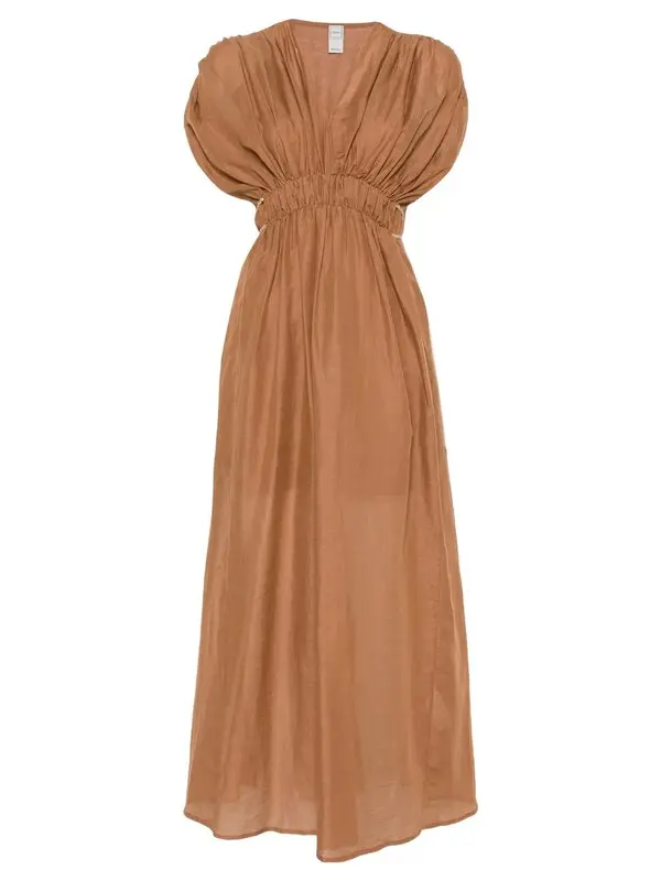 120% Lino V-neck Mini Dress With Gathered Details And Adjustable Ties - Marrone
