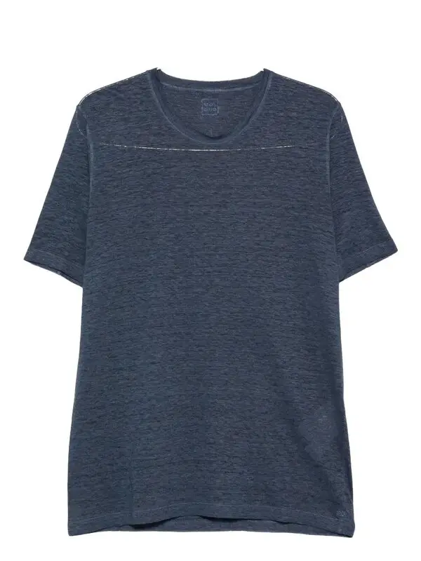 120% Lino 100% Linen Crew Neck Embroidered Logo Short Sleeve T-shirt - Blu