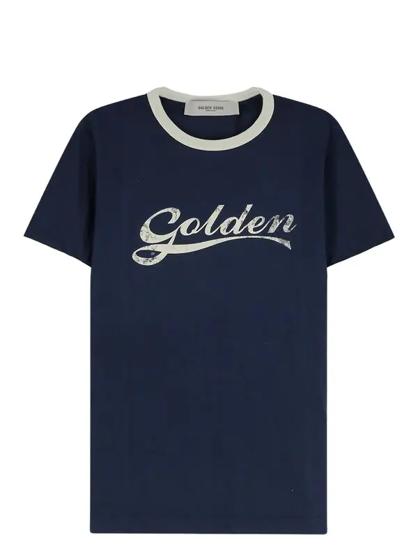 GOLDEN GOOSE Crewneck T-shirt With Front Graphic And Contrast-trim Sleeves - Blu