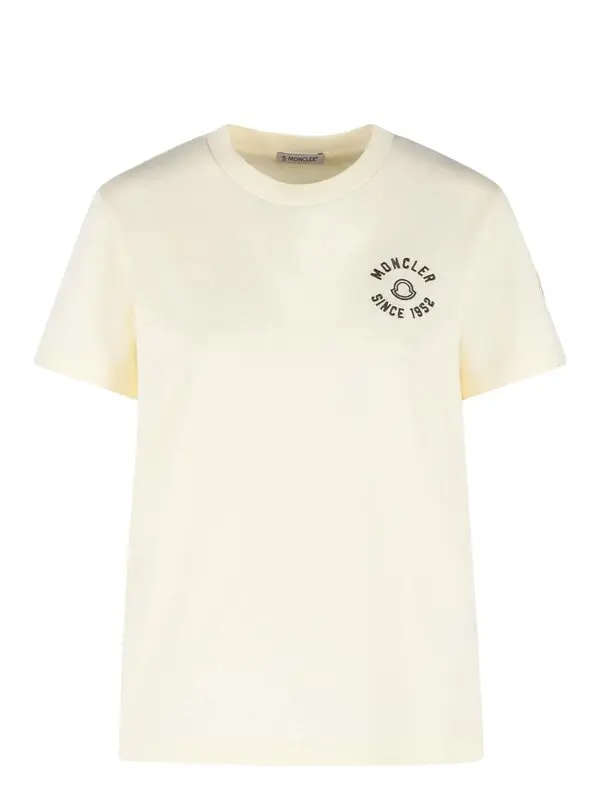 Moncler Ribbed Crewneck Short Sleeve T-shirt With Embroidered Logo - Bianco