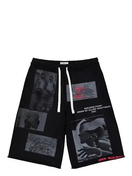 BLDG4 Graphic Print Drawstring Shorts - Black