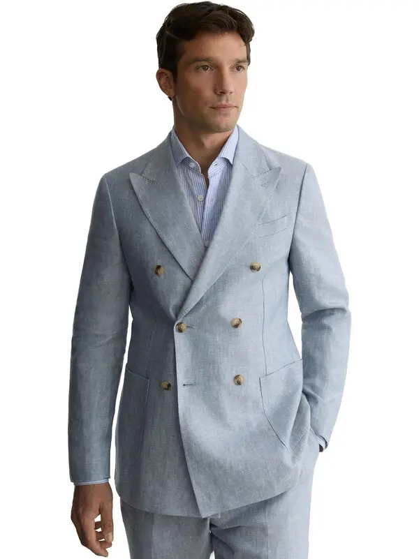REISS Db Atlantic Tailored Fit Linen-twill Double-breasted Blazer - Soft Blue