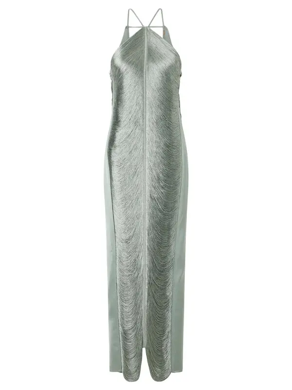 Cult Gaia Renata Fringe And Satin Trimmed Halterneck Gown - Mint