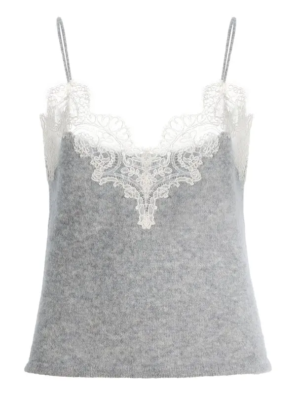 Adam Lippes Beatrix Brushed Cashmere Cami With Lace Trim - Light Grey