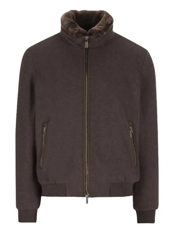 MOORER Fur Trimmed Stand Collar Zip-up Jacket - Brown