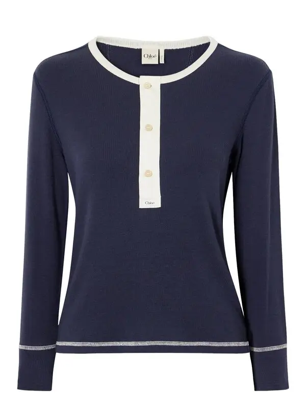 Chloé Ribbed Cotton-jersey Henley Shirt - Blue