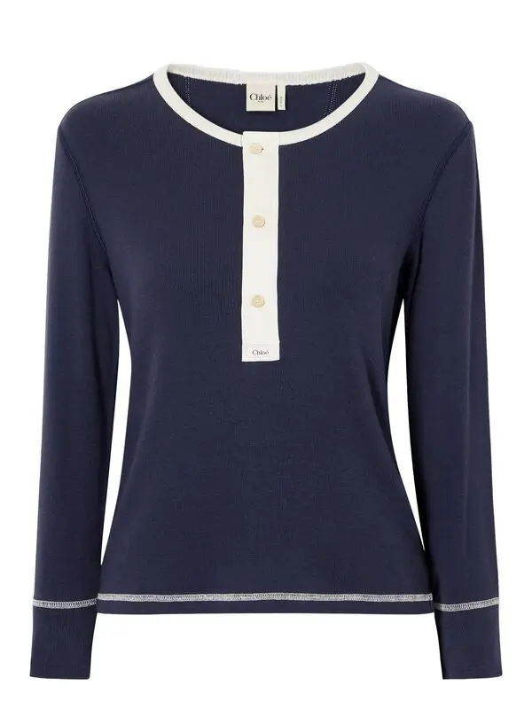 Chloé Ribbed Cotton-jersey Henley Shirt - Navy