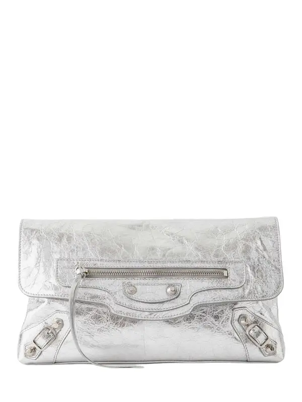 Balenciaga Le City Crinkled Leather Clutch - Silver