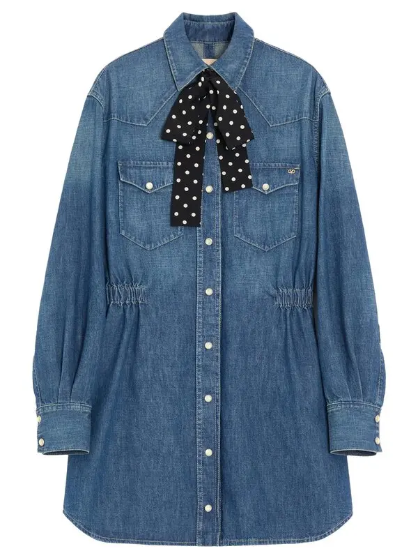 Valentino Garavani Denim Polka-dot Bow Shirt Dress - Blue