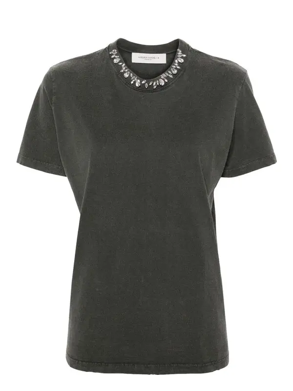 GOLDEN GOOSE Embroidered Cotton T-shirt With Crystal Embellishments - Grey
