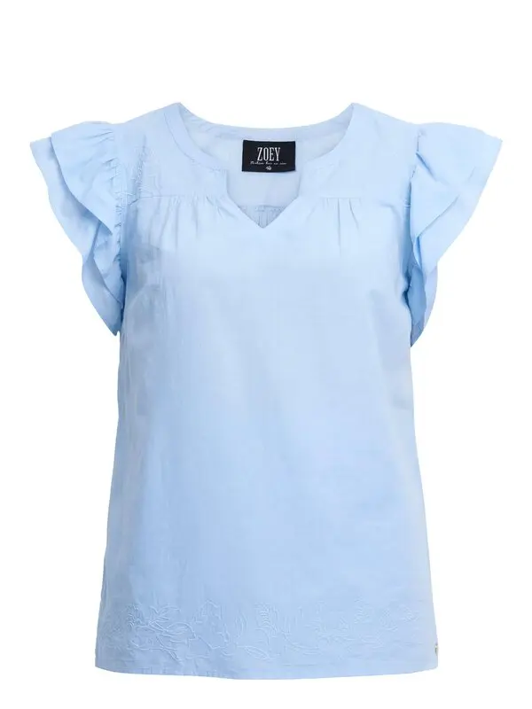 ZOEY Embroidered V-neck Top With Ruffle Sleeves - Blue