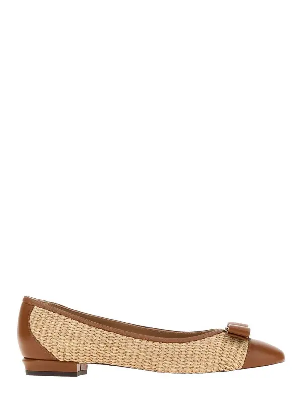FERRAGAMO Woven Raffia Ballerinas With Leather Vara Bow - Light Brown