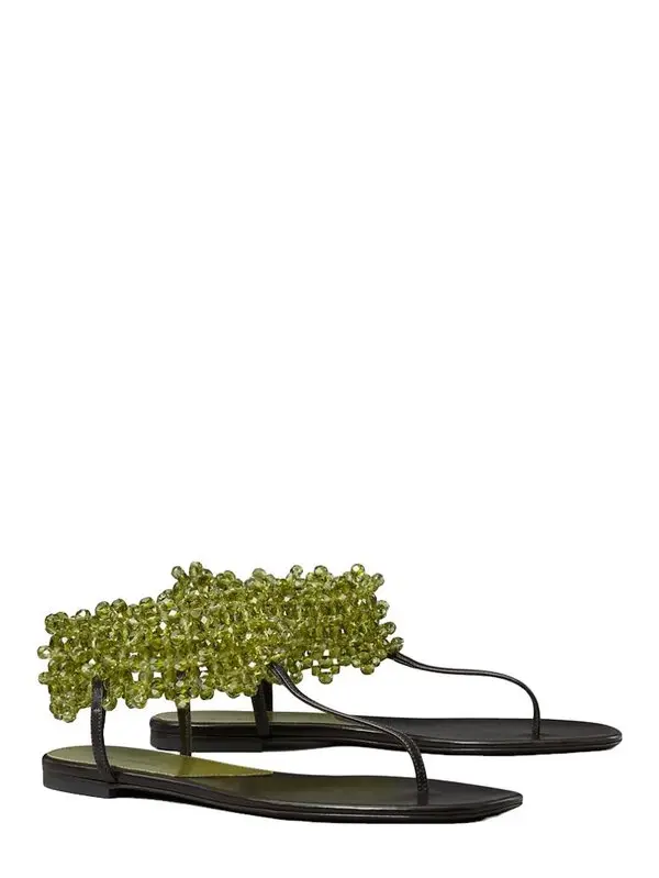 Tory Burch Embellished Beaded Flat Sandals - Olive