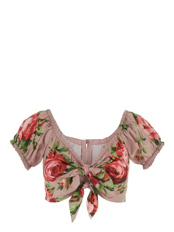 Dolce & Gabbana Cotton Floral Print Crop Top With Double Knot Detail - Multicolor