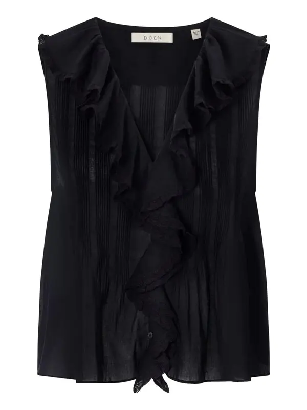 DÔEN Ruffled Embroidered Organic Cotton Top - Black