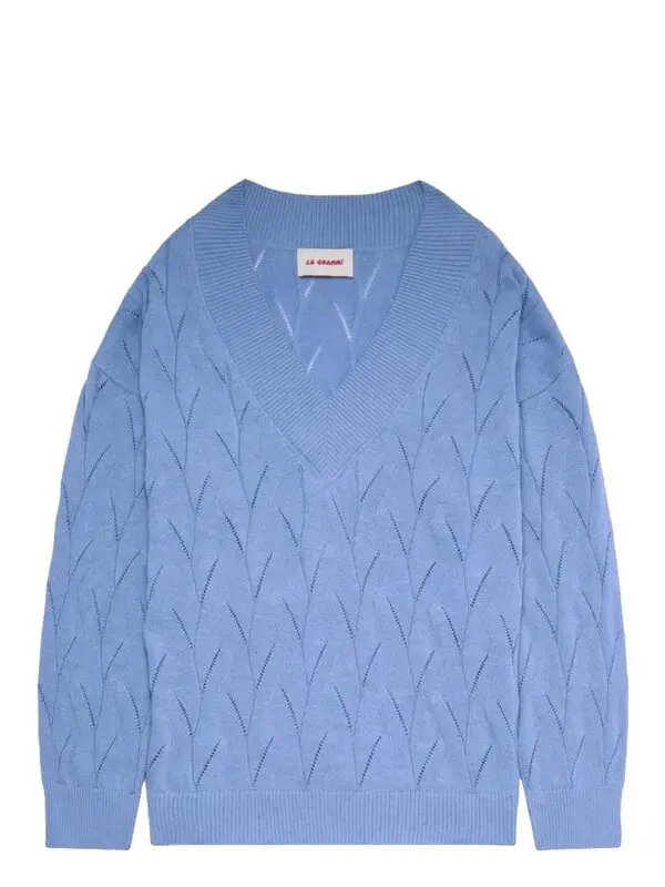 LA GRANNI Oversized V-neck Jumper With Wheat Branch Detailing - Blue