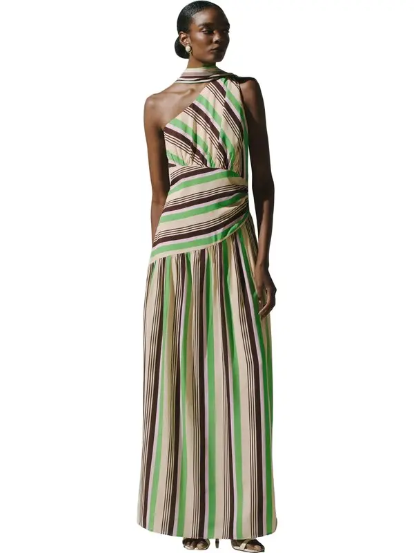 BAOBAB Ariel Maxi Dress One Shoulder, Striped - Caffe Verde