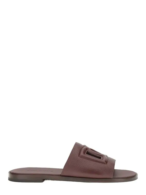 Dolce & Gabbana Grained Leather Flat Sandals With Cut-out Logo - Brown
