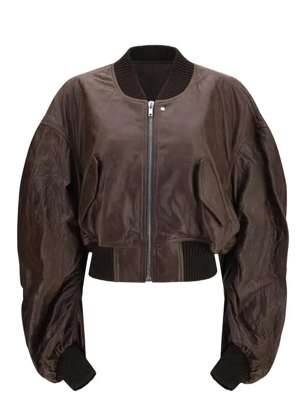 Rick Owens Cropped Leather Bomber Jacket - Brown