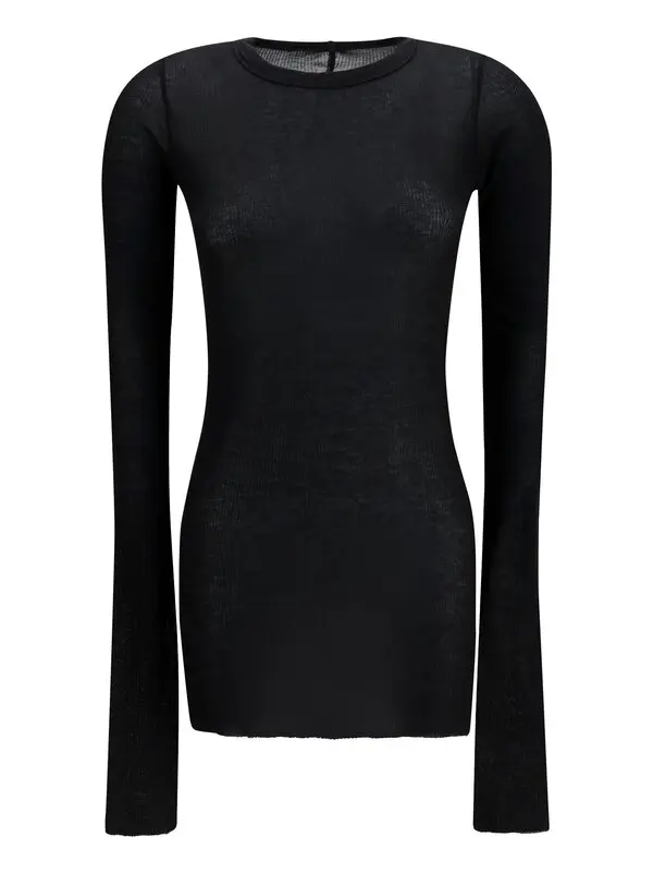 Rick Owens Long Sleeve Ribbed Knit Crew Neck Top - Black