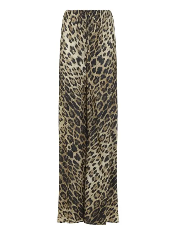Roberto Cavalli Jaguar Print Viscose Satin Wide Leg Pants - Multicolor